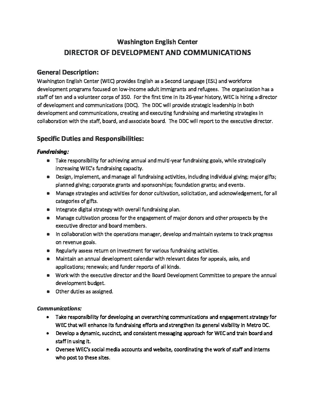 WEC Director of Development & Communications – Job Description – 7-2019 ...