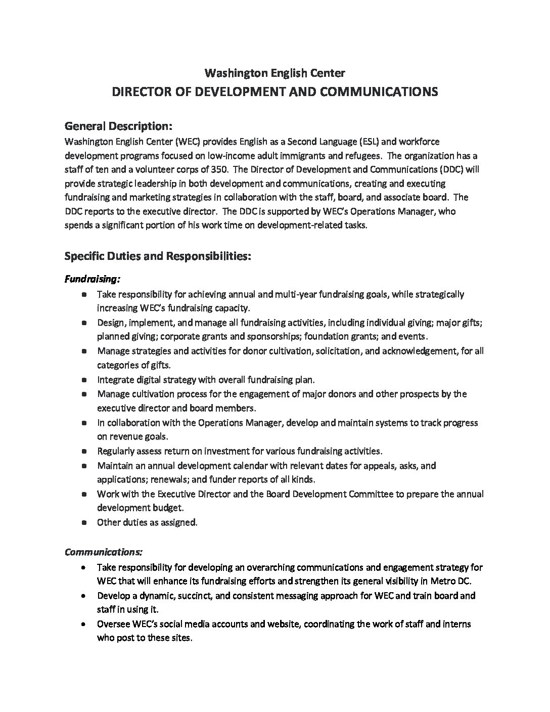 WEC Director of Development & Communications – Job Description – 8-2019 ...
