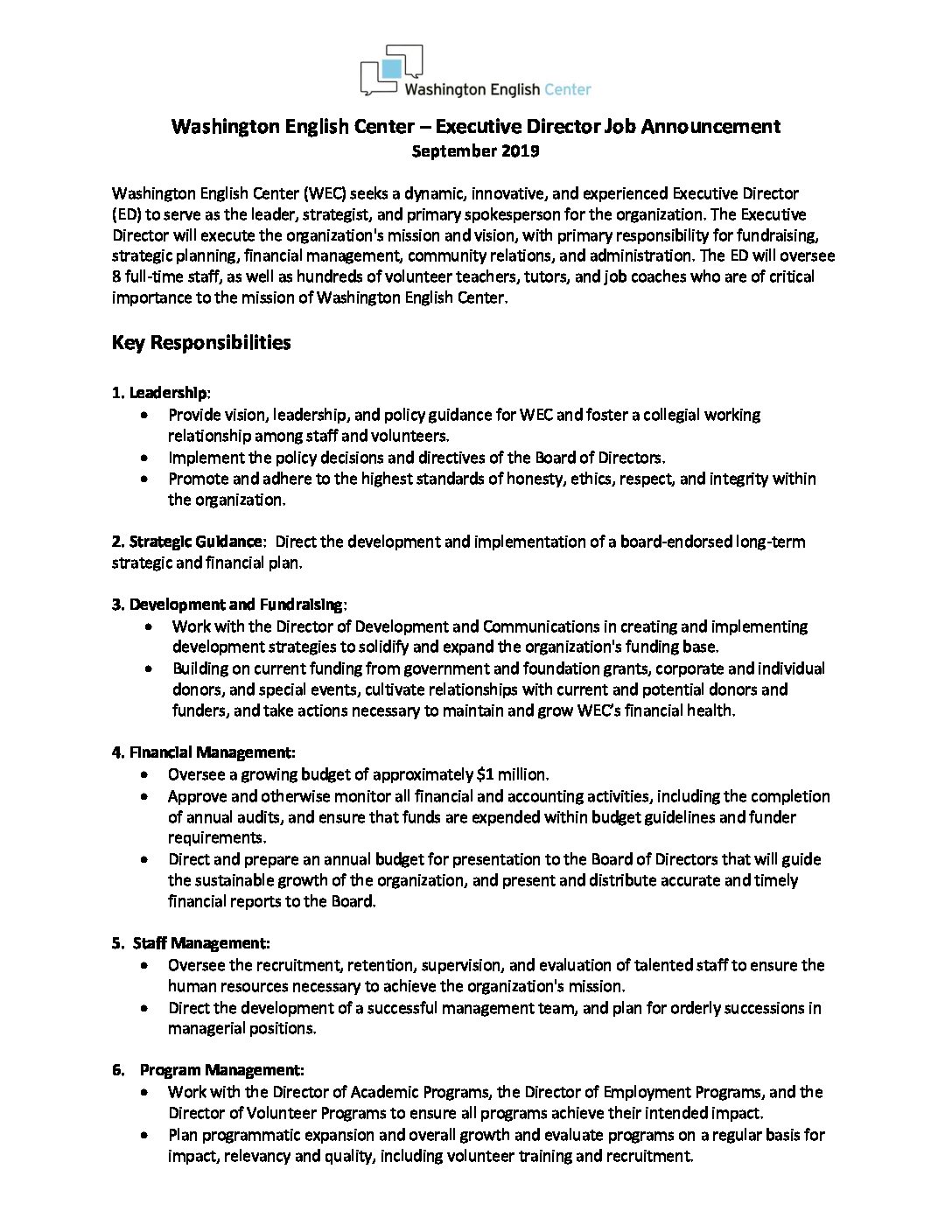 WEC 2019 ED Job Description | Washington English Center