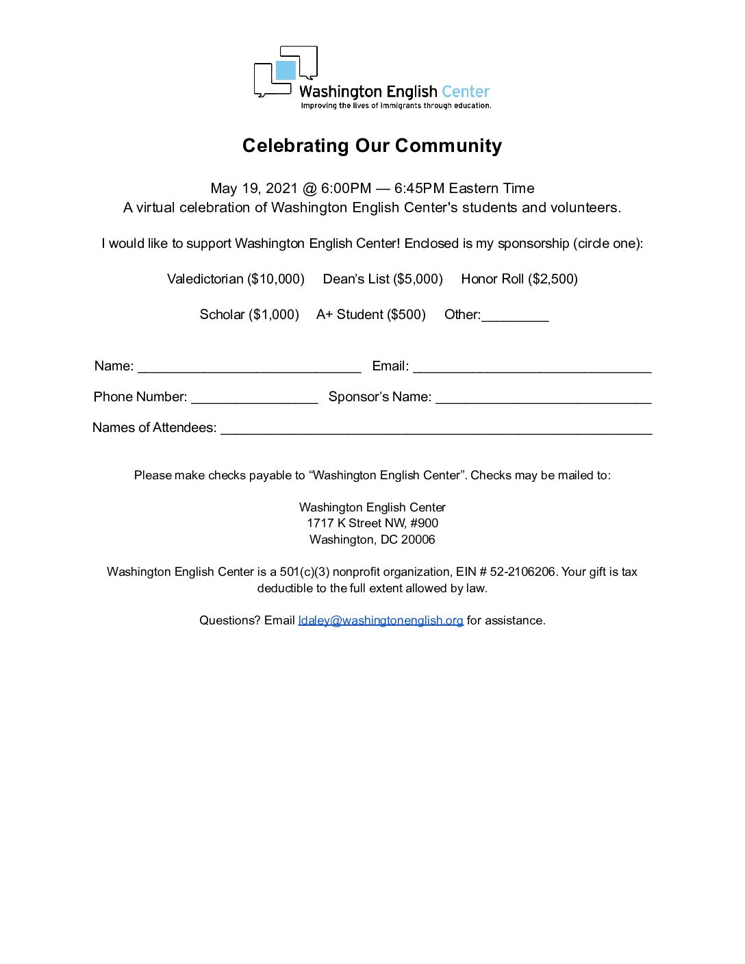 Celebrating Our Community Check Donation Form (2) | Washington English ...